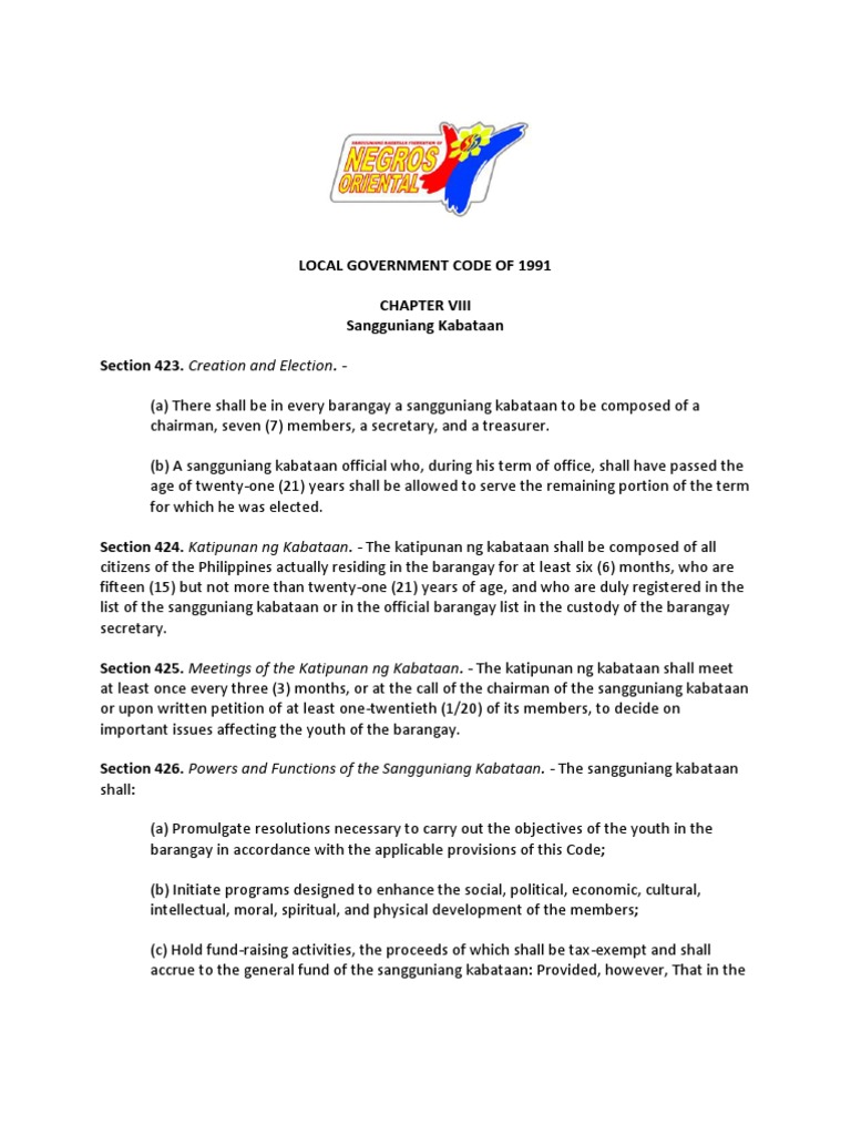 Local Government Code 1991 - SANGGUNIANG KABATAAN | PDF | Government ...