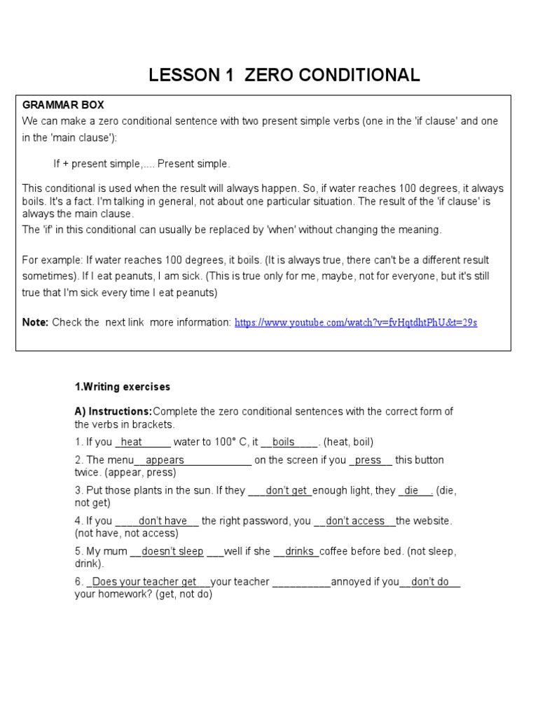Lesson 1 Zero Conditional: Grammar Box | PDF | Clause | Sentence (Linguistics)