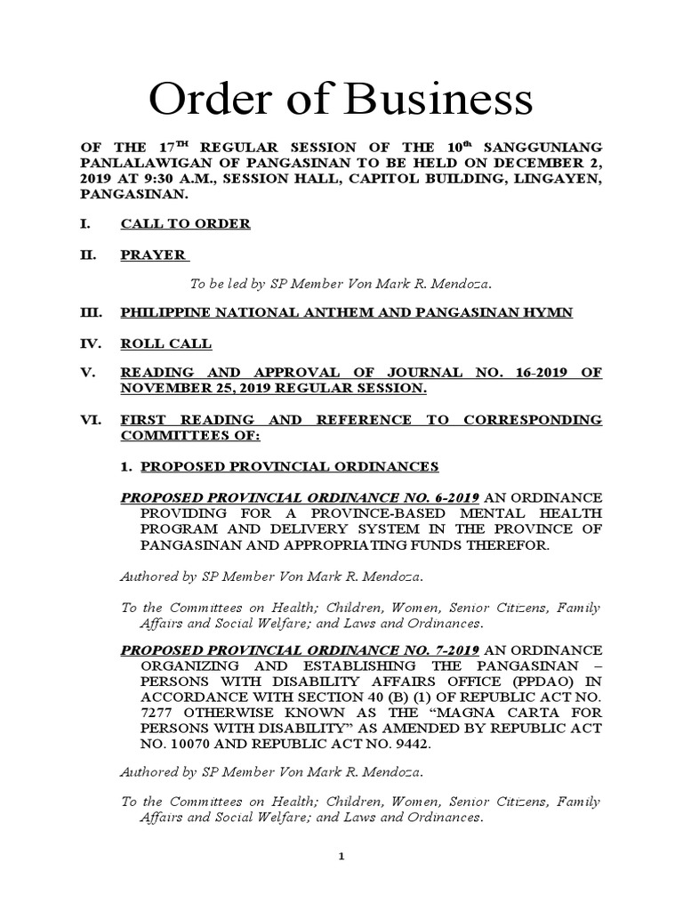 Order of Business: Proposed Provincial Ordinance No. 6-2019 An ...