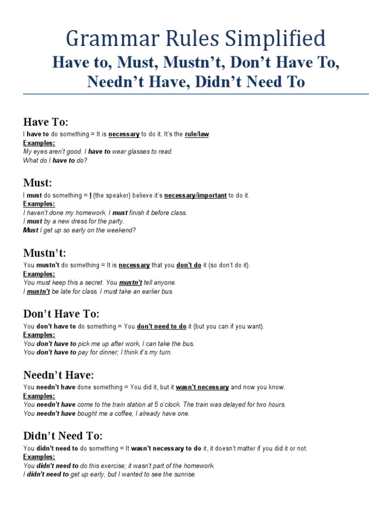 Grammar Rules Simplified: Have To, Must, Mustn't, Don't Have To, Needn ...