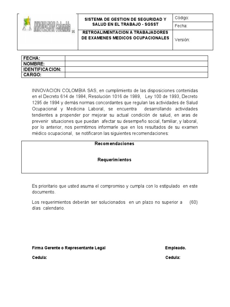 Formato de Retroalimentacion Examenes Medicos Ocupacionales ...