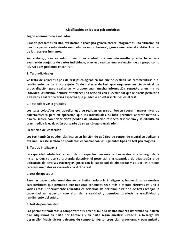Clasificación de Los Test | PDF | Mente | Inteligencia