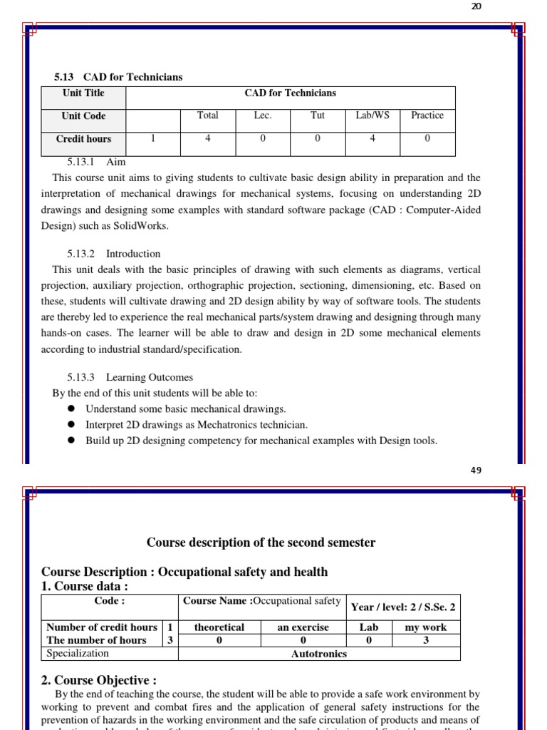 Unit Title CAD For Technicians Unit Code Credit Hours | Download Free ...