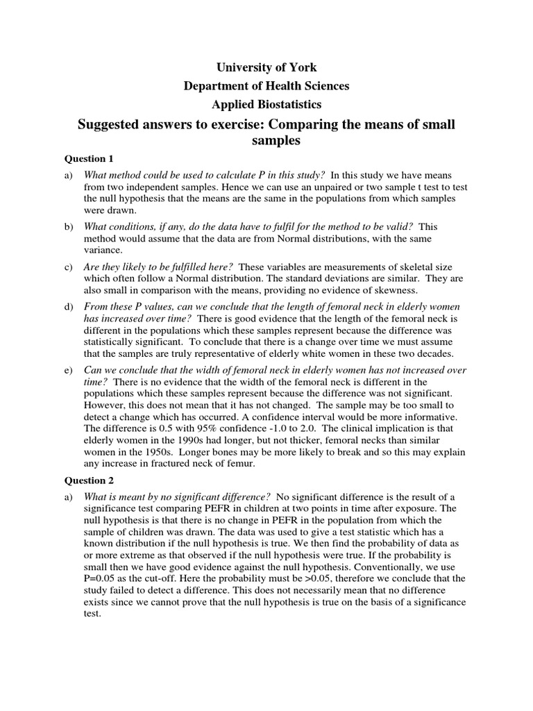 Suggested Answers To Exercise: Comparing The Means of Small Samples ...