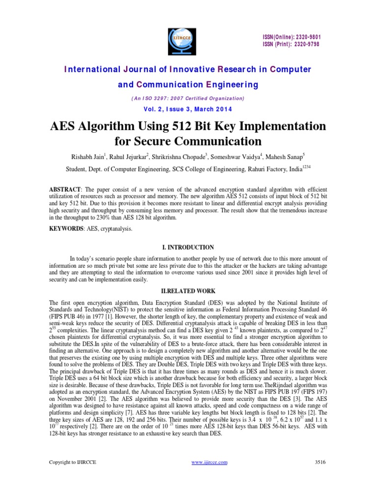 AES Algorithm Using 512 Bit Key Implementation For Secure Communication | PDF | Cryptography ...
