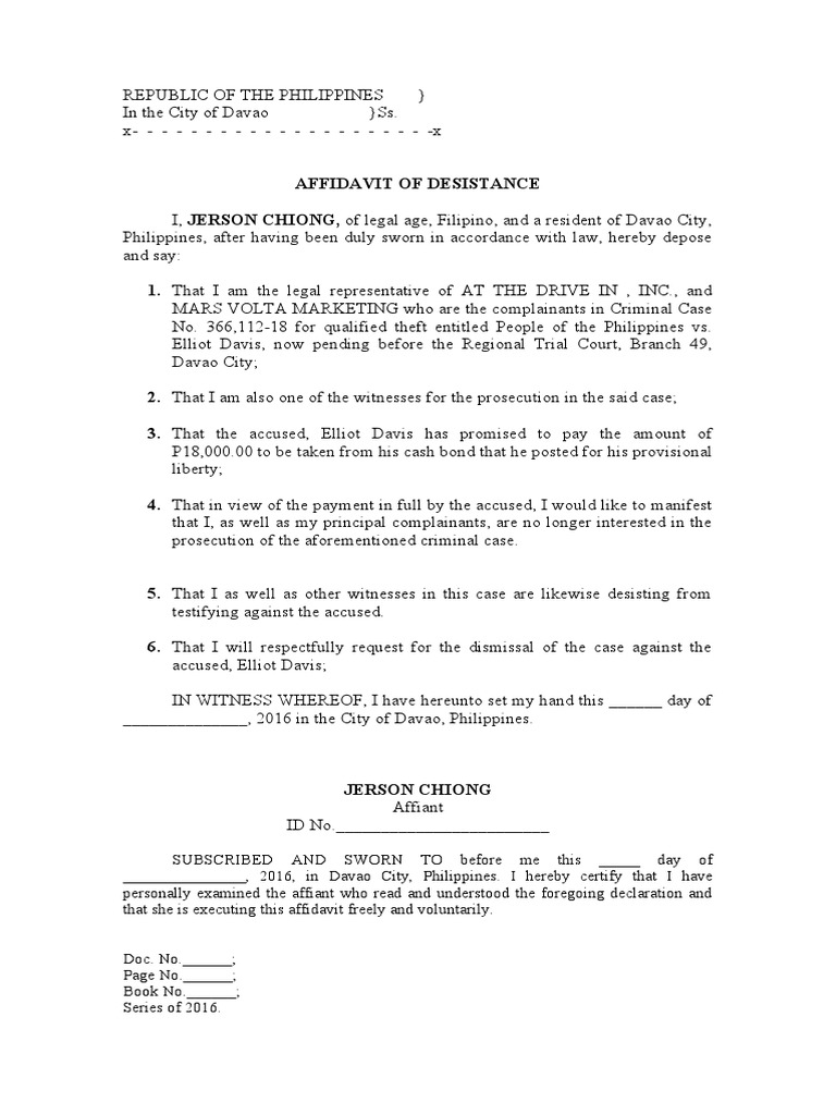 Affidavit of Desistance for Theft Case | PDF | Politics