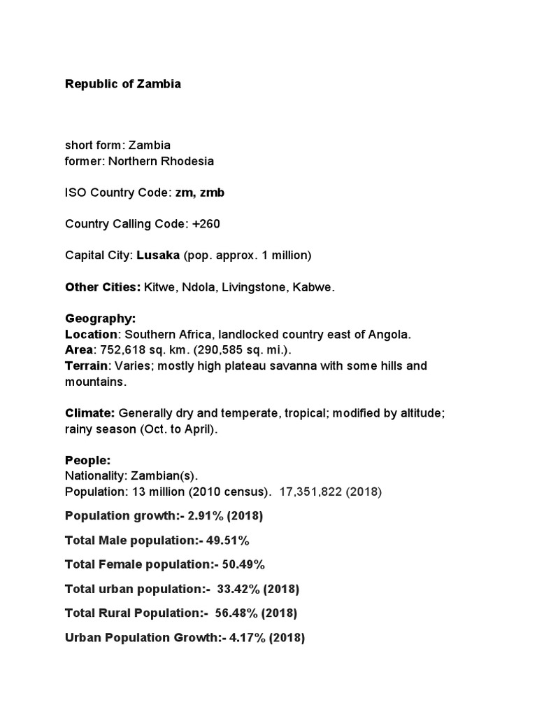 Short Form: Zambia Former: Northern Rhodesia ISO Country Code: ZM, ZMB ...