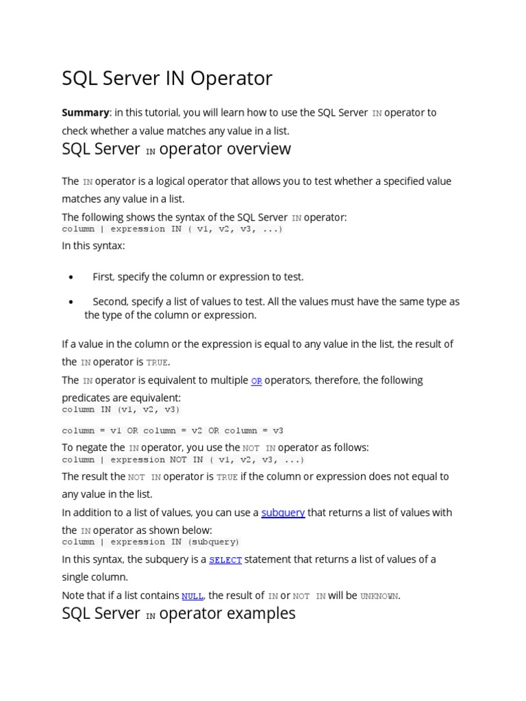 SQL Server in Operator | Download Free PDF | Information Retrieval ...