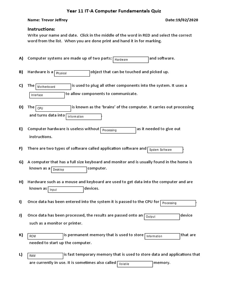 Year 11 IT-A Computer Fundamentals Quiz: Hardware | PDF | Graphical ...
