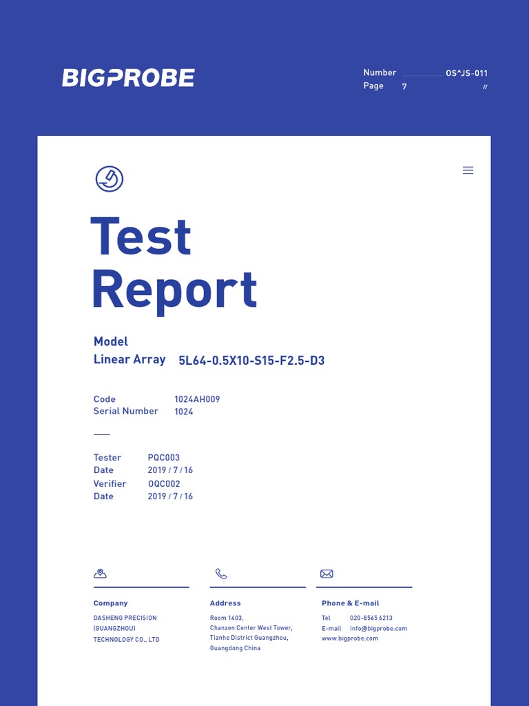Test Report for Linear Array Probe 5L64-0.5X10 | PDF | Bandwidth ...