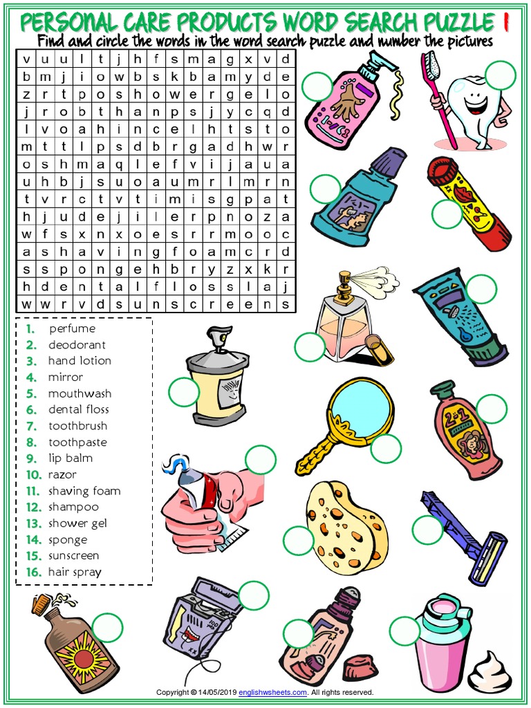 Personal Care Products Vocabulary Esl Word Search Puzzle Worksheets For ...