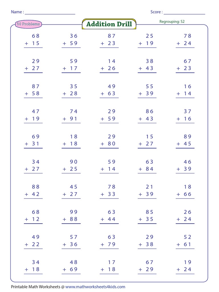 Grade 1 Addition Drill: 50 Problems | PDF