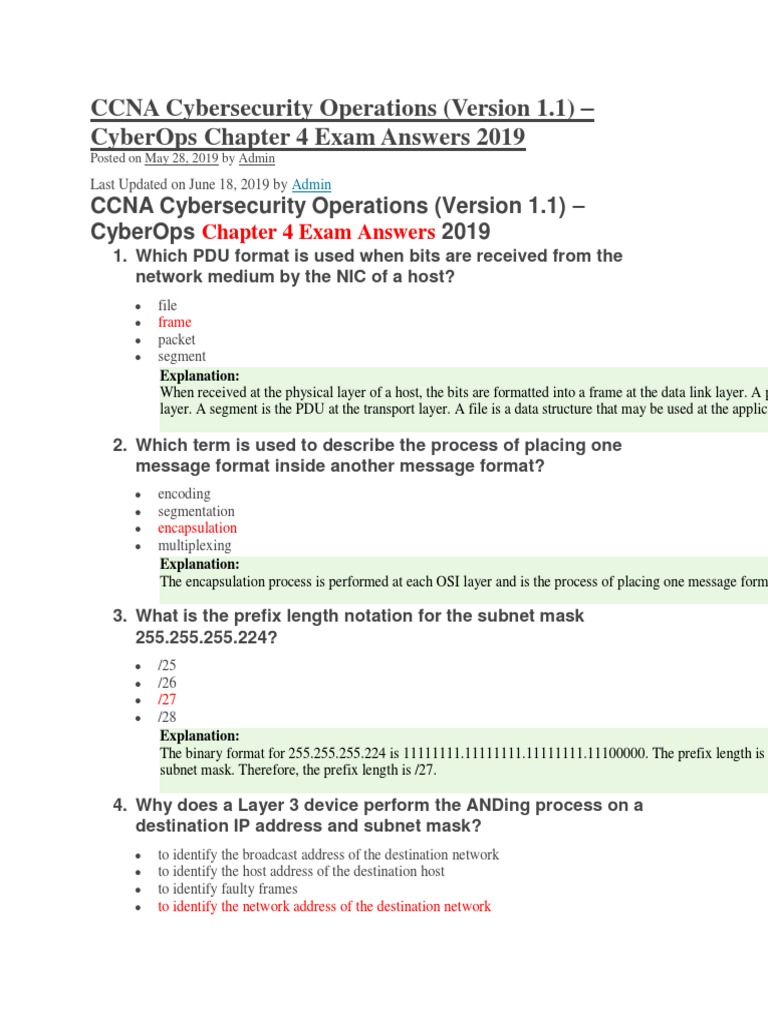 Ccna Cybersecurity Operations (Version 1.1) - Cyberops Chapter 4 Exam Answers 2019 | PDF ...