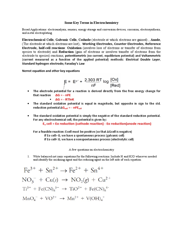 Electrochemistry Questions | Download Free PDF | Redox | Electrochemistry