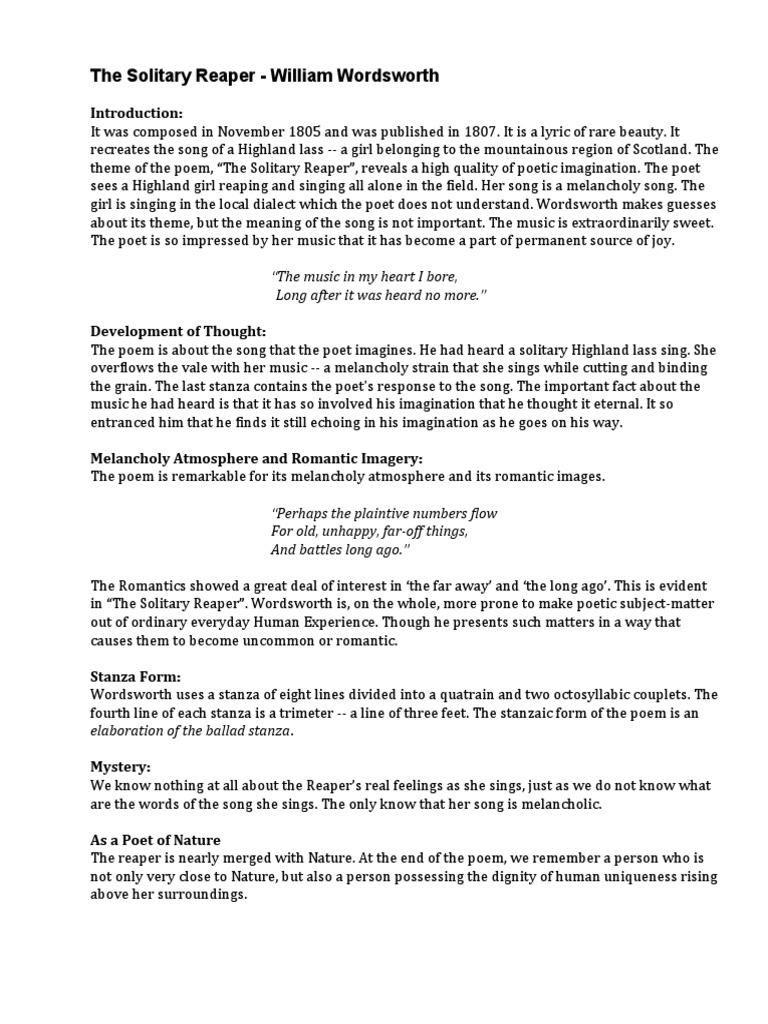 The Solitary Reaper - William Wordsworth: "The Music in My Heart I Bore ...