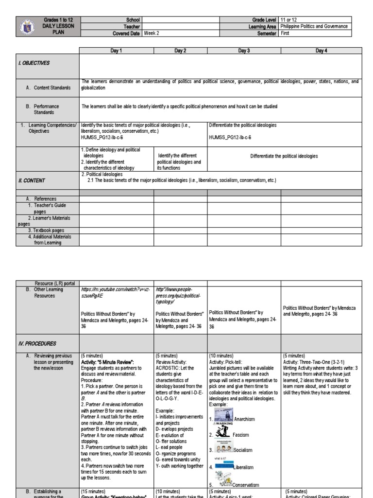 Daily Lesson Plan: Political Ideologies | PDF | Ideologies | Question