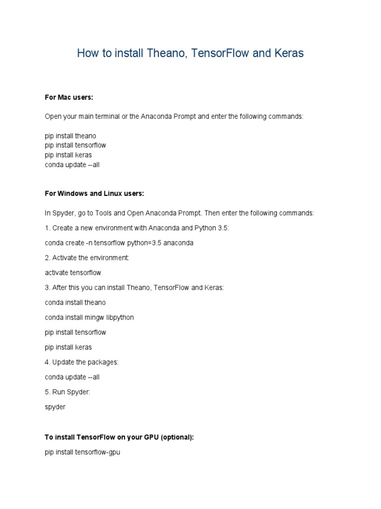 How To Install Theano, Tensorflow and Keras: For Mac Users | PDF
