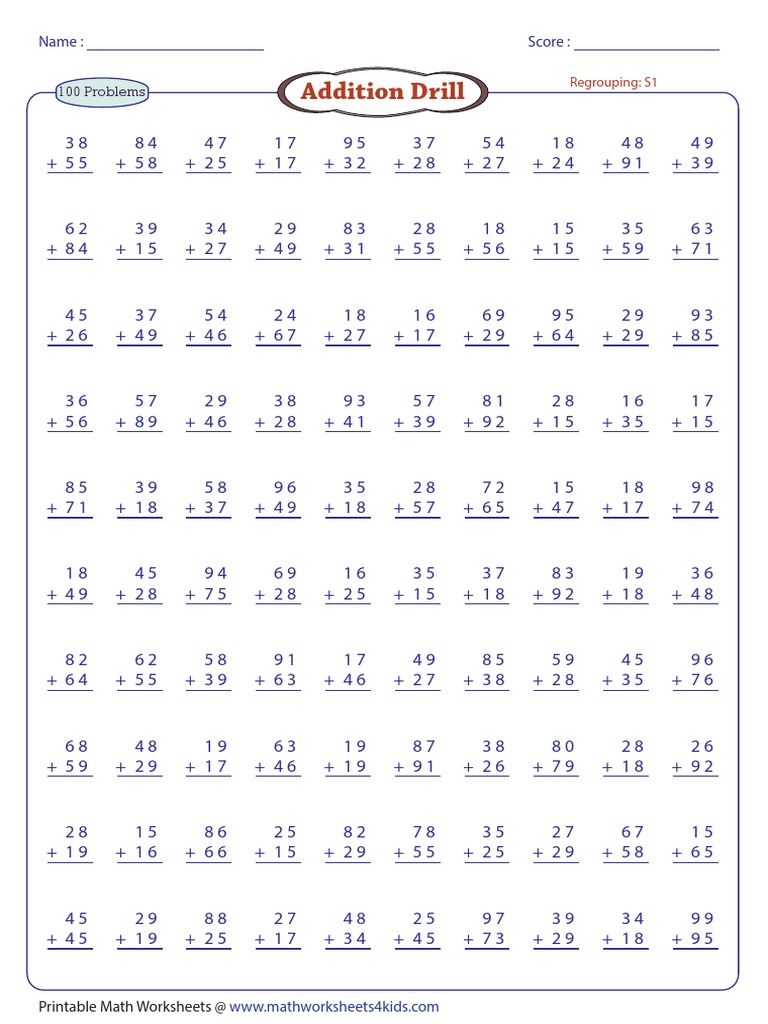 Addition Drill: 100 Problems | PDF