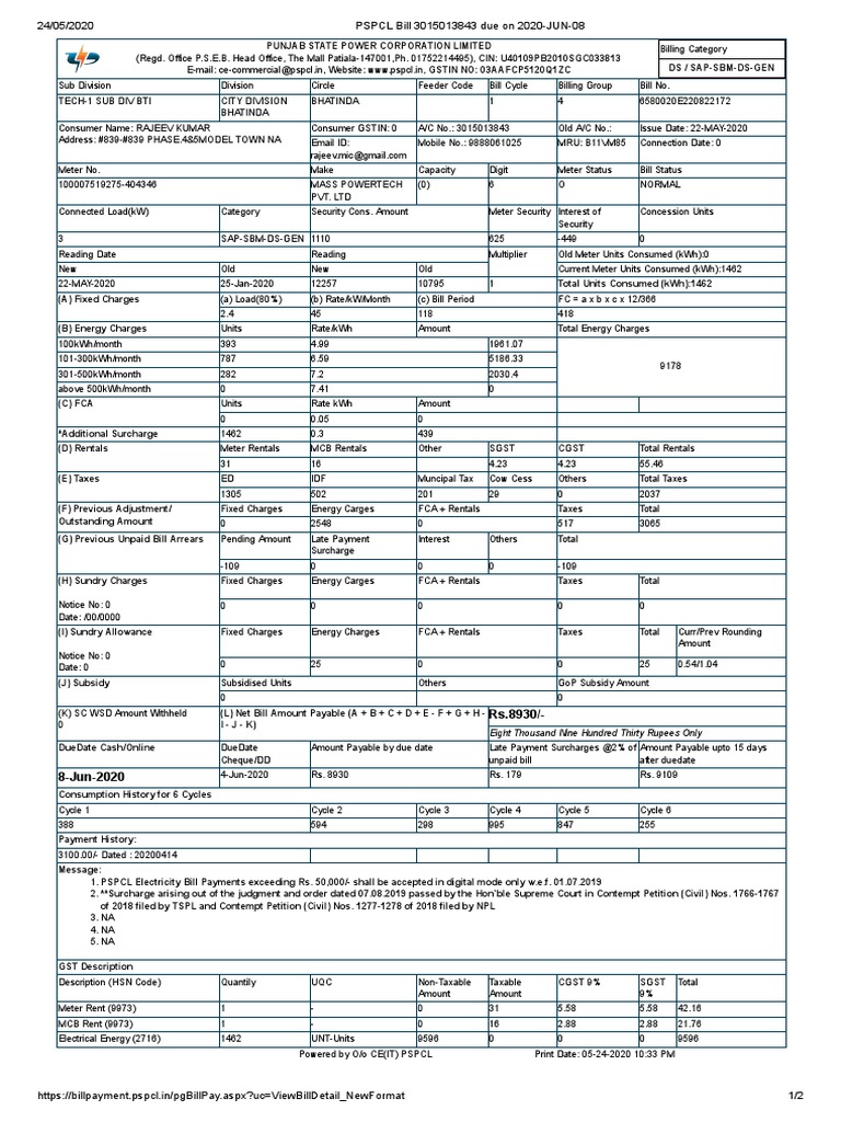 PSPCL Bill 3015013843 Due On 2020-JUN-08 | PDF | Finance & Money Management