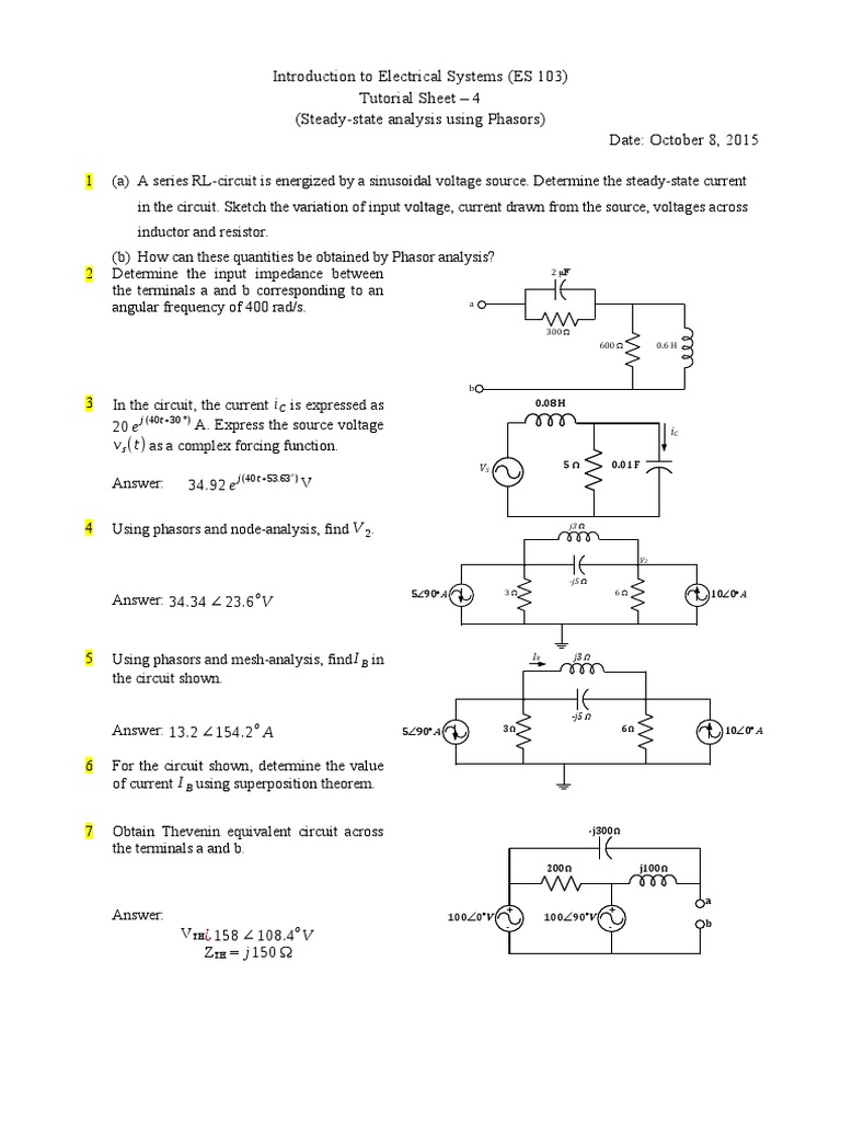 Tutorial Sheet-4, ES 103 | PDF | Electrical Network | Electronic Circuits