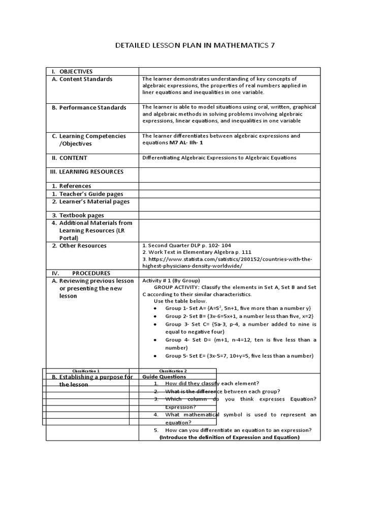 Detailed Lesson Plan in Mathematics 7 | PDF | Numbers | Equations