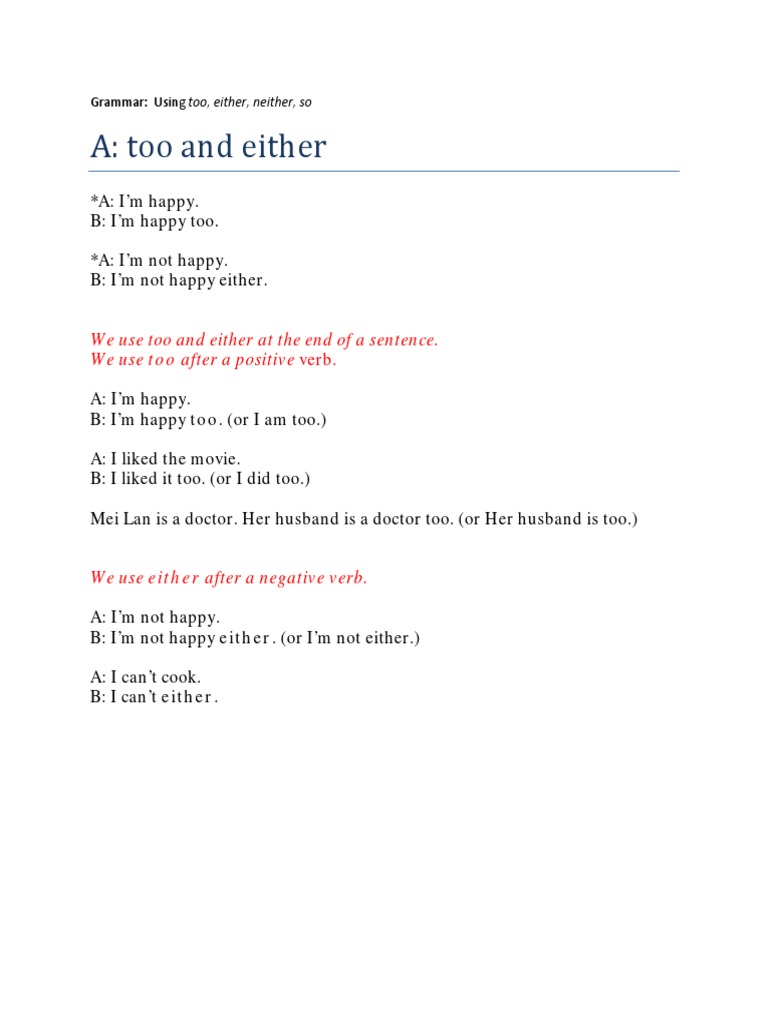 Either Neither So Too Activity Pdf