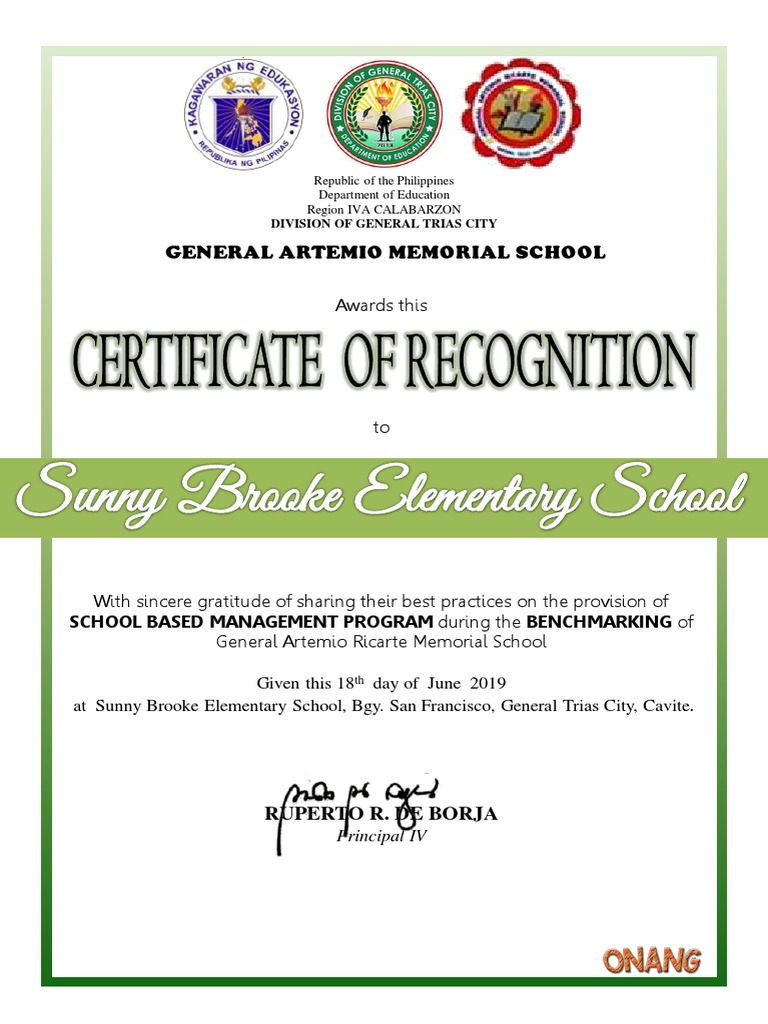 Certificate of Recogntion (BENCHMARKING) | PDF