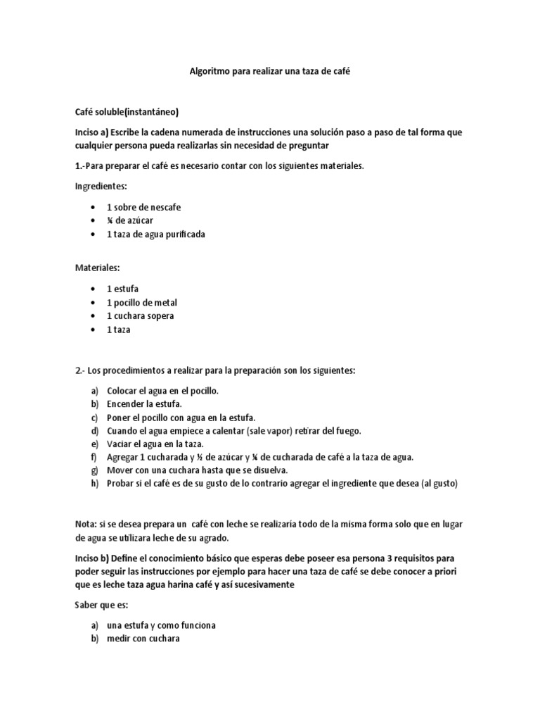 5 Algoritmo para Realizar Una Taza de Café | PDF