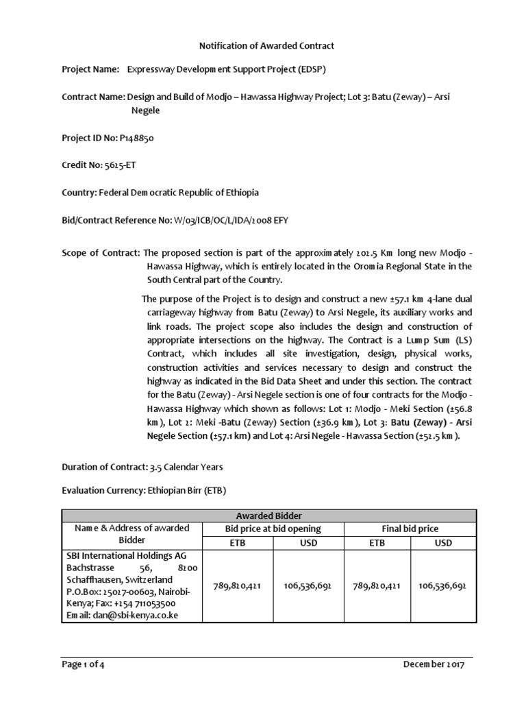 Modjo-Hawassa Highway Contract Award | PDF | Government | Business