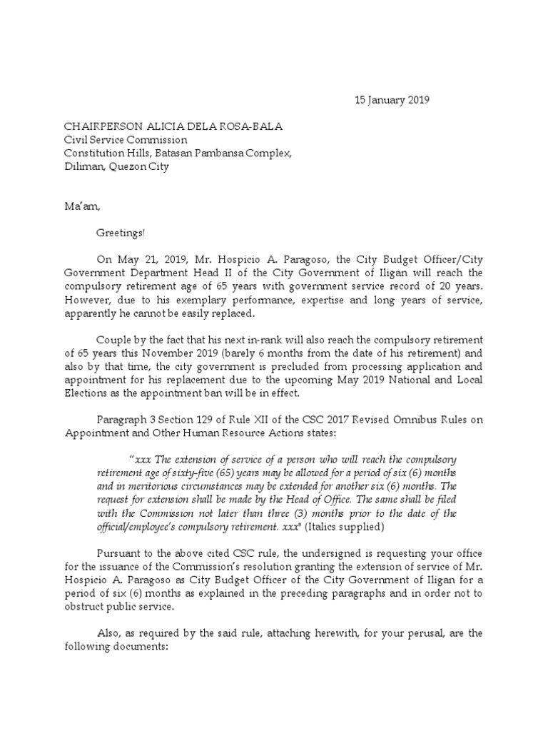 Request For Extension of Service Paragoso | PDF | Government ...