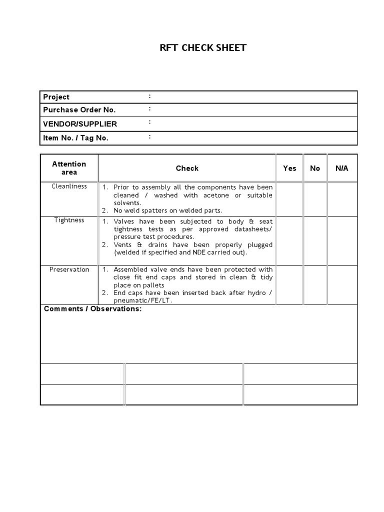RFT Check Sheet: Project: Purchase Order No.: Vendor/Supplier: Item No. / Tag No. | PDF
