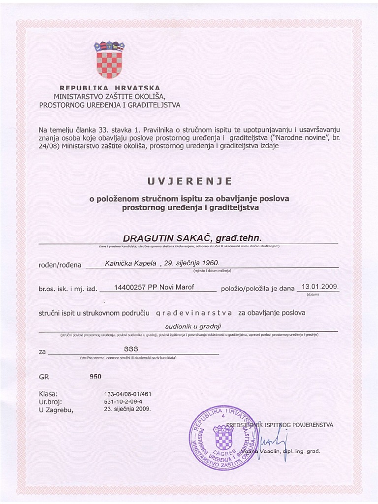 Dragutin Sakač - UVJERENJE - o Položenom Stručnom Ispitu Za Obavljanje ...