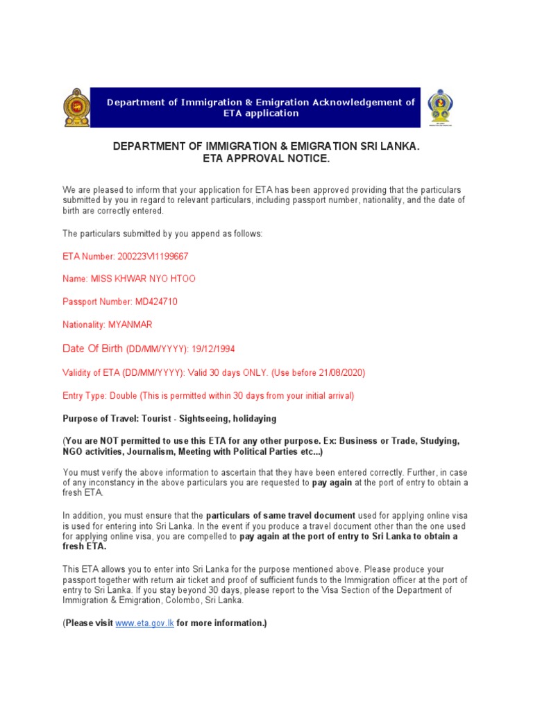Department of Immigration & Emigration Sri Lanka. Eta Approval Notice | PDF