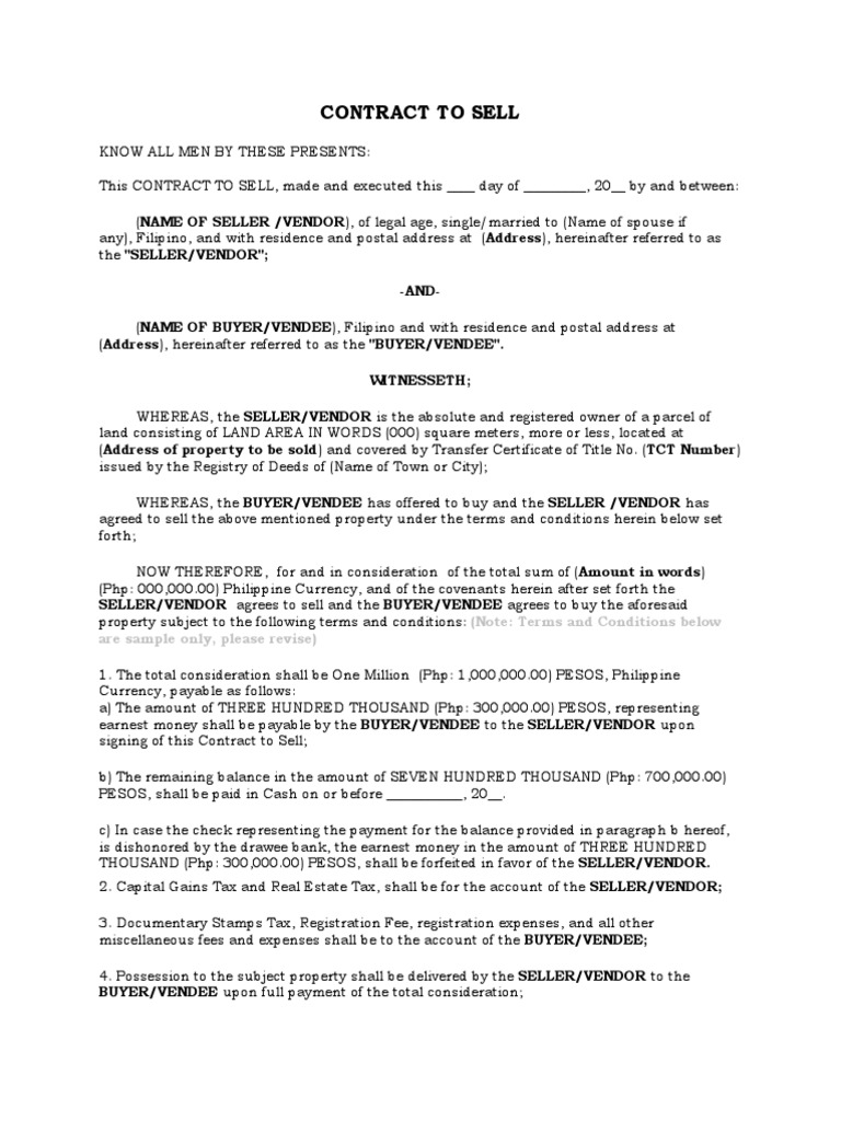 Contract To Sell: (Note: Terms and Conditions Below Are Sample Only ...