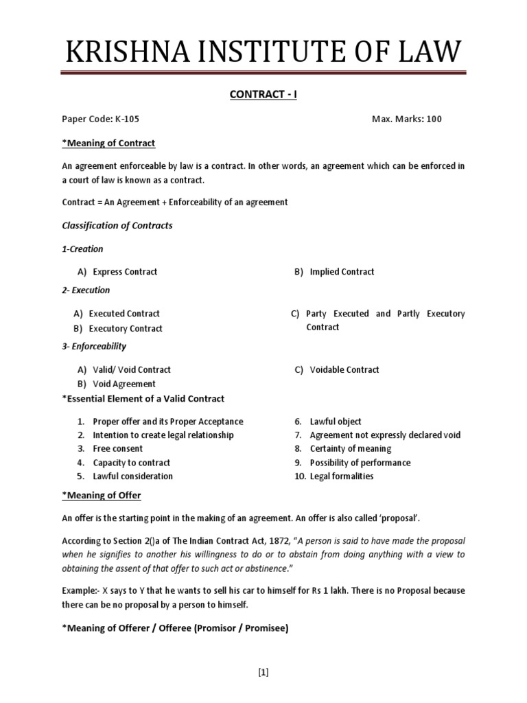 Krishna Institute of Law: Contract - I | PDF | Misrepresentation | Consideration