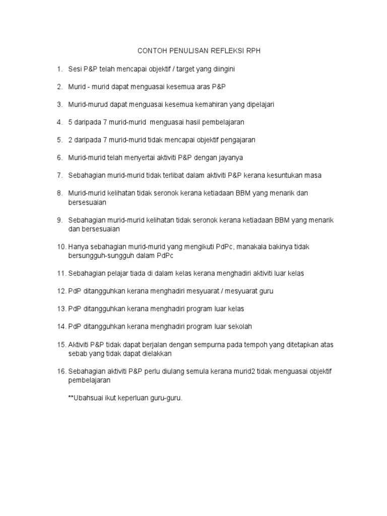 Contoh Penulisan Refleksi RPH | PDF