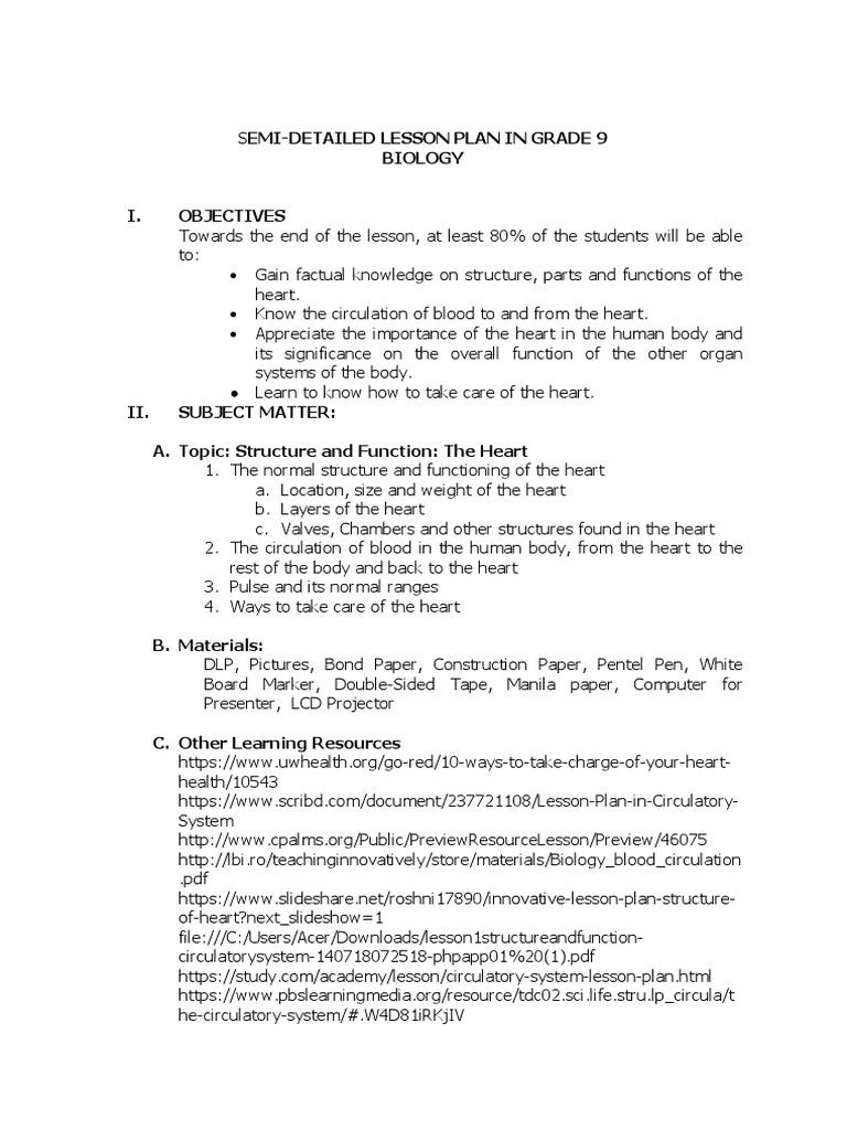 Semi-Detailed Lesson Plan in Grade 9 Bio | PDF | Heart Valve | Heart