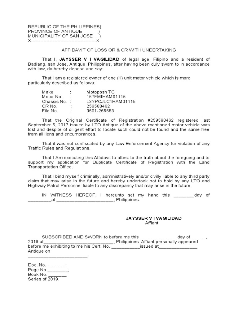 Affidavit of Loss Certificate of Registration With Undertaking | PDF ...