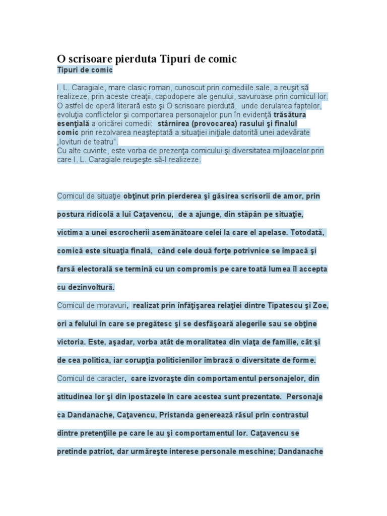 O Scrisoare Pierduta Tipuri de Comic ACTUL 3 SCENA 5 | PDF