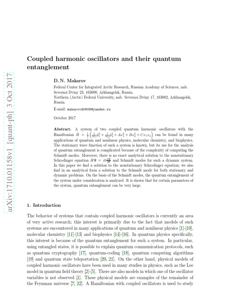 Coupled Harmonic Oscillators and Their Quantum Entanglement | PDF ...