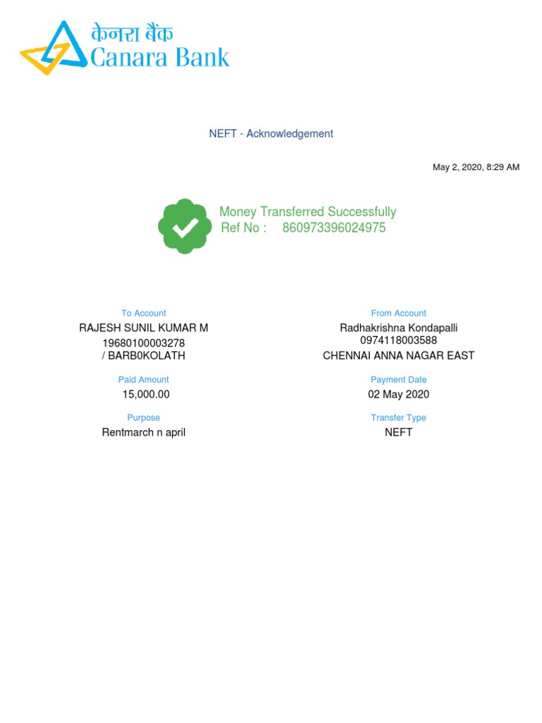 NEFT Transfer Acknowledgement Receipt | PDF