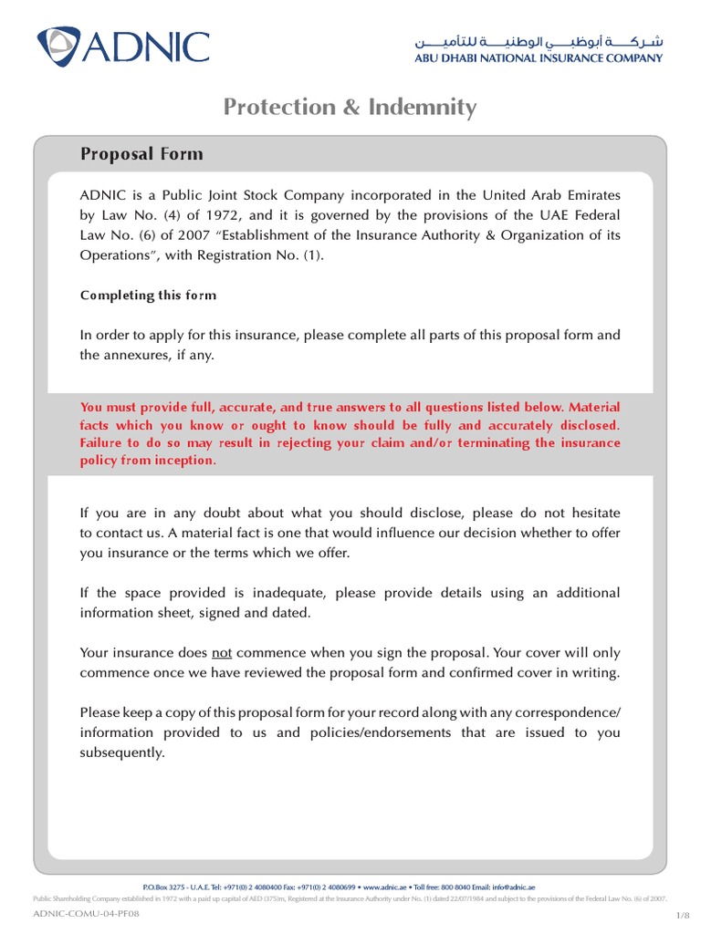 Protection & Indemnity: Proposal Form | PDF | Insurance | Business Law