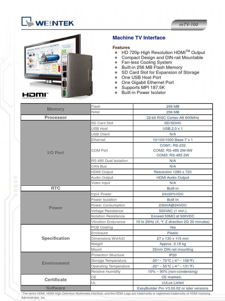 MTV 100 Datasheet ENG | PDF | Hdmi | Usb