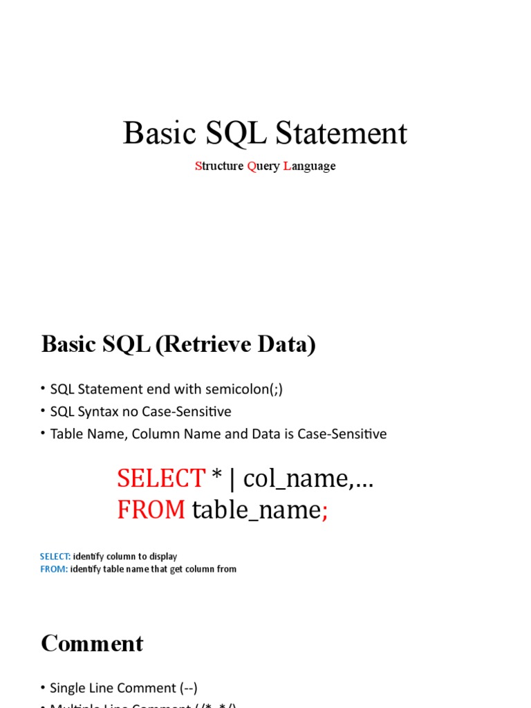 Basic SQL Statement: Tructure Uery Anguage | PDF | Computer Data | Data ...