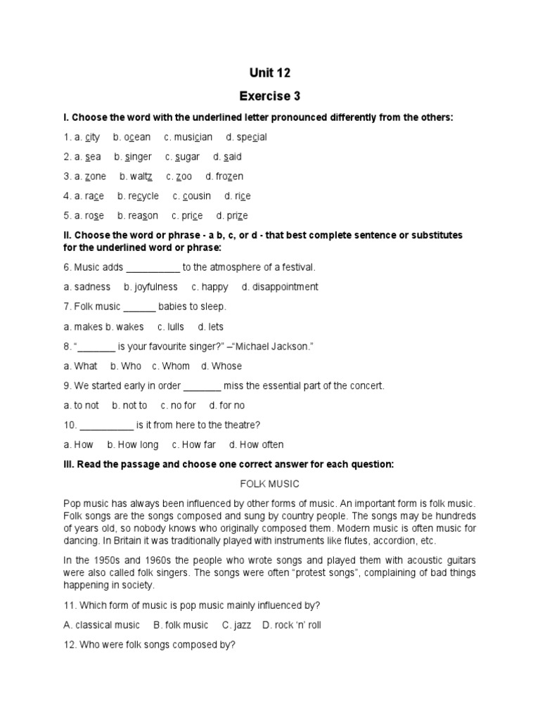 Unit 12 Exercise 3 | PDF | Songs | Folk Music