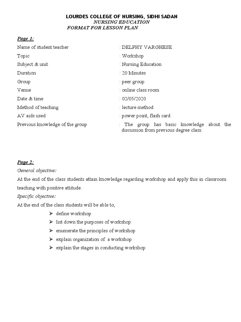 Nursing Education Format For Lesson Plan: Lourdes College of Nursing ...