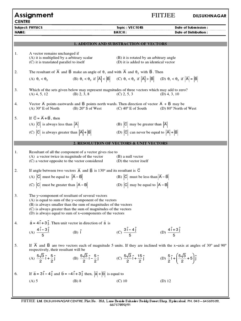 Assignment Vectors PDF | PDF | Euclidean Vector | Linear Algebra