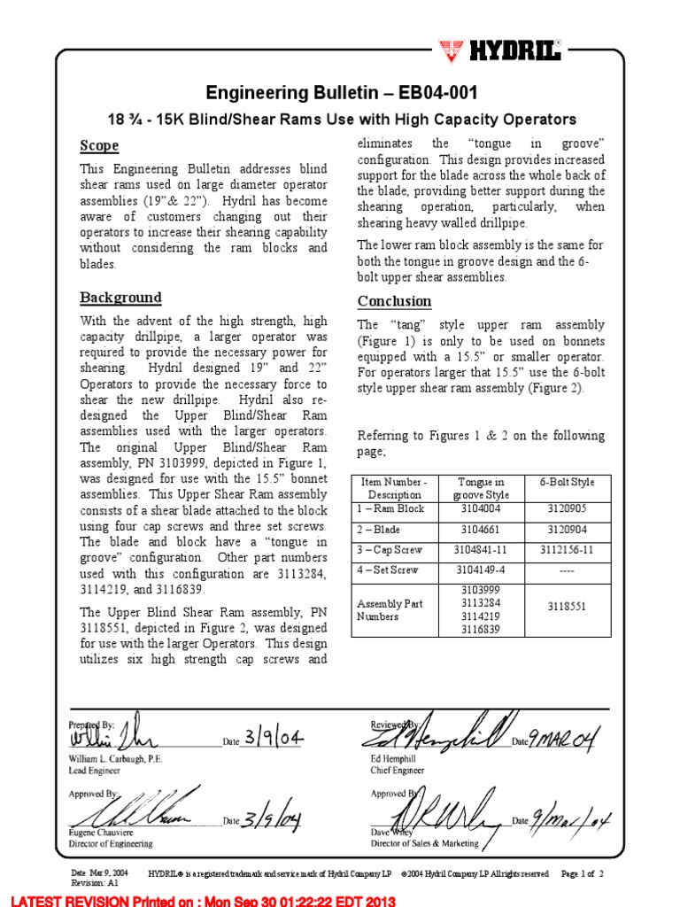 Engineering Bulletin - EB04-001: 18 - 15K Blind/Shear Rams Use With ...