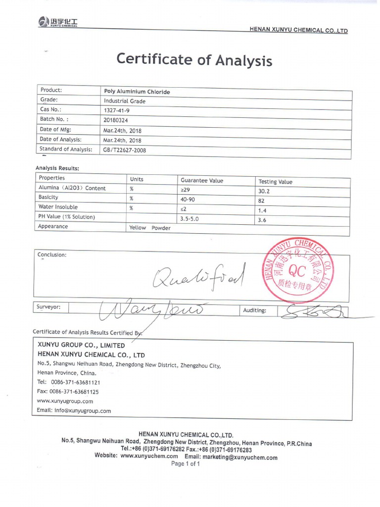 Certificate of Analysis of PAC | PDF