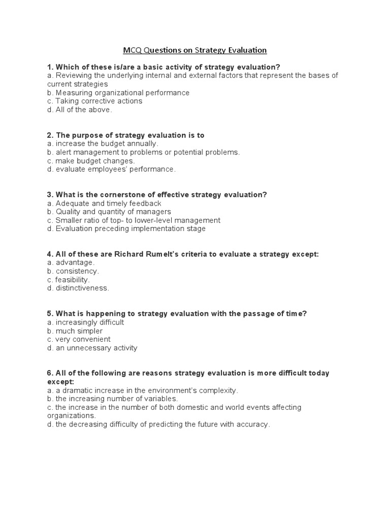 MCQs on Strategy Evaluation Process | PDF | Audit | Internal Audit